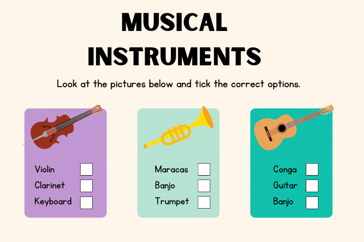 Musical Instruments - Look & Tick Worksheet - World Music Day 2026